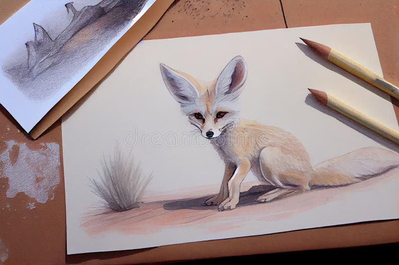 Fennec Fox Drawing with Bit of Watercolour Stock Illustration ...