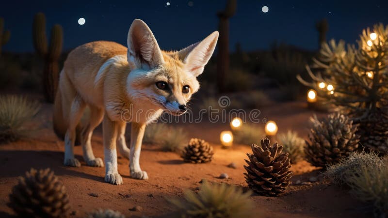 Fennec Fox in Desert Night Landscape with Pinecones and Lights Stock ...