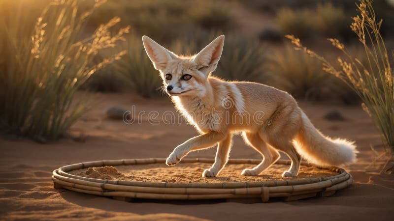 Golden Fennec Fox on Bamboo Tray at Sunset in Desert Stock Illustration ...