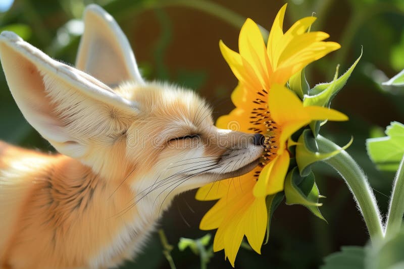 Fennec Fox with Its Nose in a Bright Sunflower Stock Photo - Image of ...