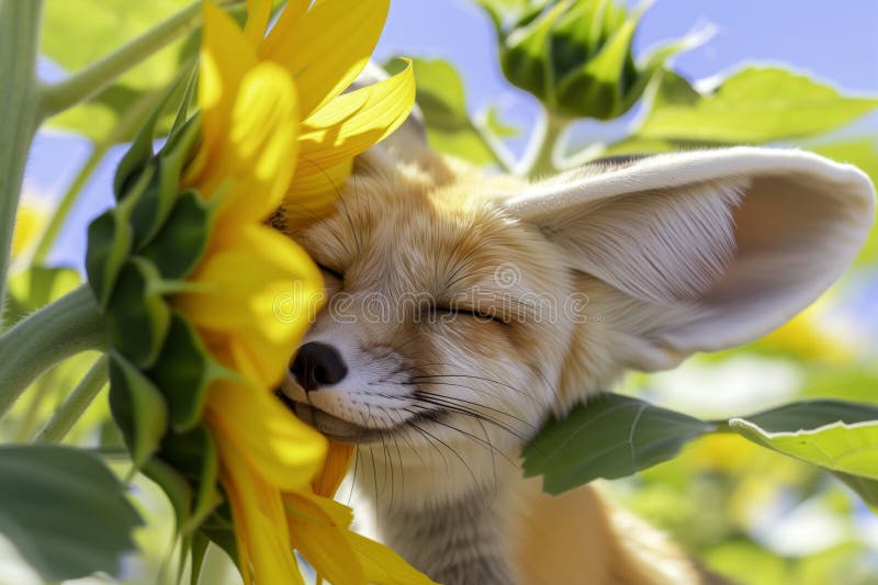 Fennec Fox with Its Nose in a Bright Sunflower Stock Photo - Image of ...