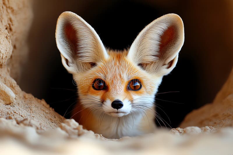A Fennec Fox with Large Ears Peeks Out of a Sand Burrow, Looking ...