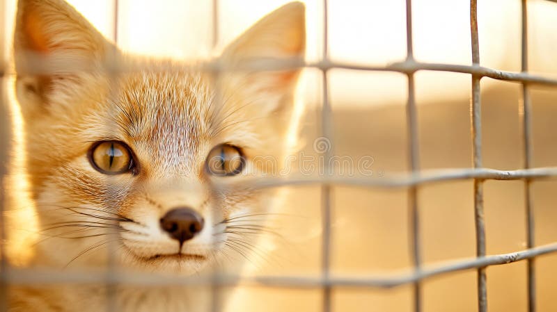 Fennec Fox Looking through a Wire Mesh Fence at Sunset in Close-up ...