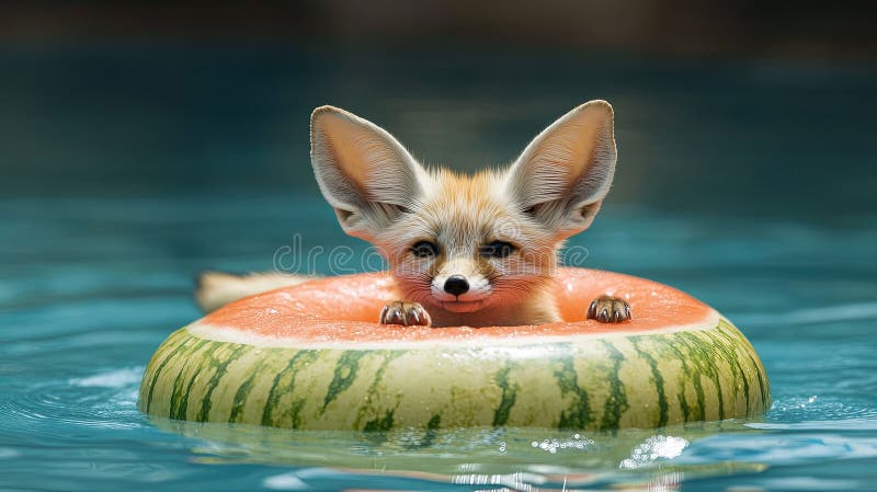 Fennec Fox in Melon Float, Ears Up, Cool Pool. Stock Image - Image of ...