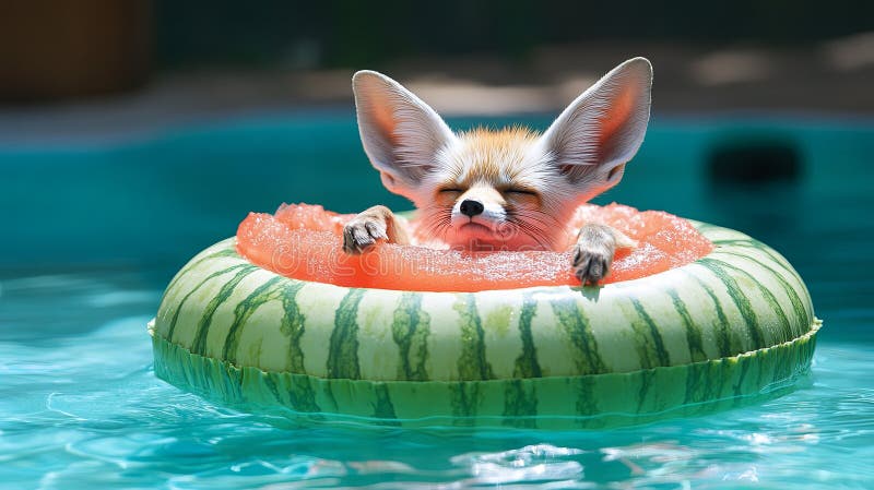 Fennec Fox in Melon Float, Ears Up, Cool Pool. Stock Photo - Image of ...