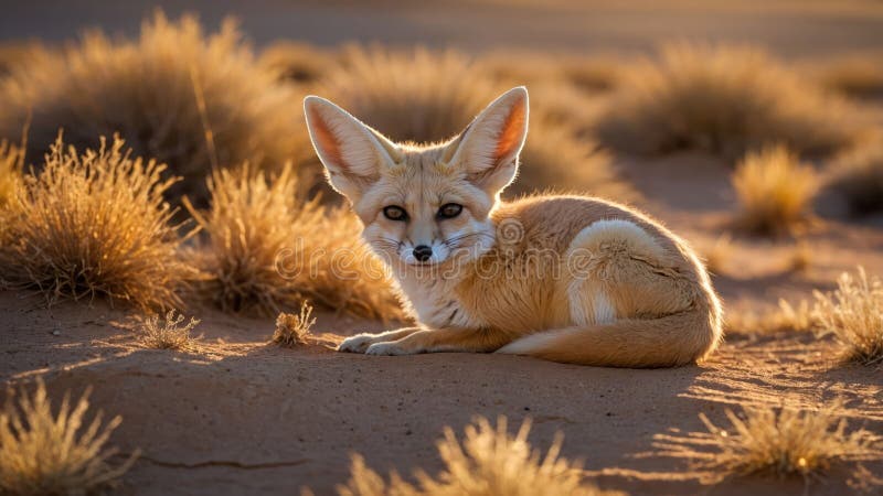 A Fennec Fox Resting in a Desert Landscape Surrounded by Dry Grasses ...