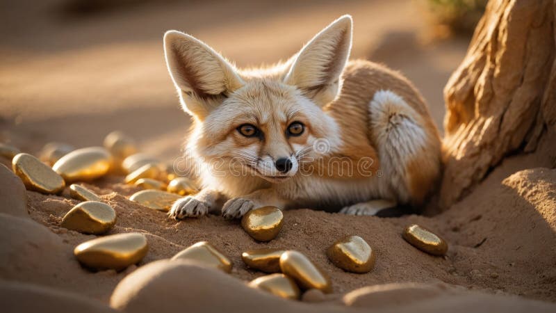 Fennec Fox Amidst Golden Treasure in Desert Sunset Stock Illustration ...