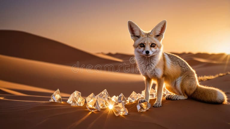 Majestic Fennec Fox in Sahara Desert Sunset with Crystals Stock ...