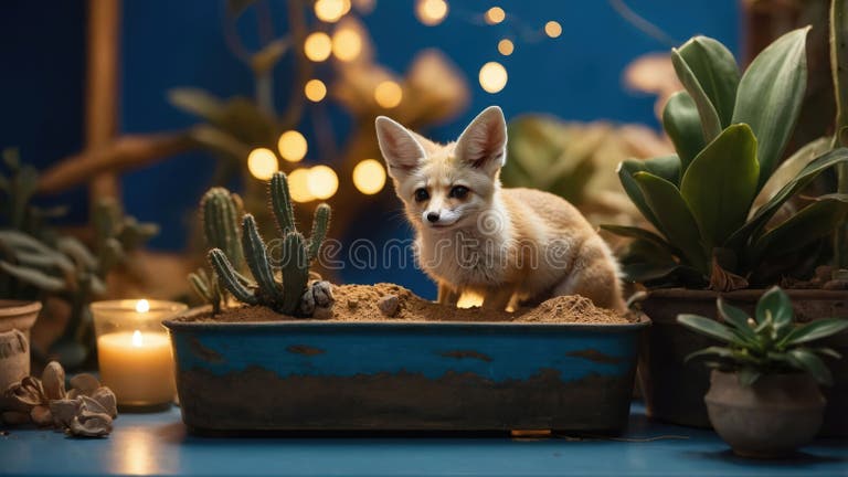 Adorable Fennec Fox in a Cactus Garden at Night Stock Illustration ...
