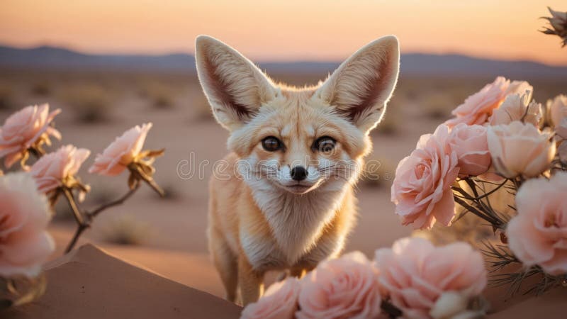 Adorable Fennec Fox Amidst Pink Roses at Sunset Stock Illustration ...