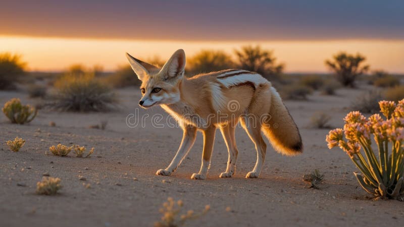 Golden Fennec Fox Walking at Sunset in the Desert Stock Illustration ...