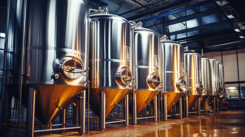 Fermentation Mash Vats or Boiler Tanks in a Brewery Factory Create the ...