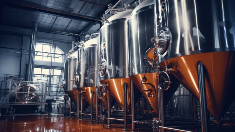 Fermentation Mash Vats or Boiler Tanks in a Brewery Factory Create the ...