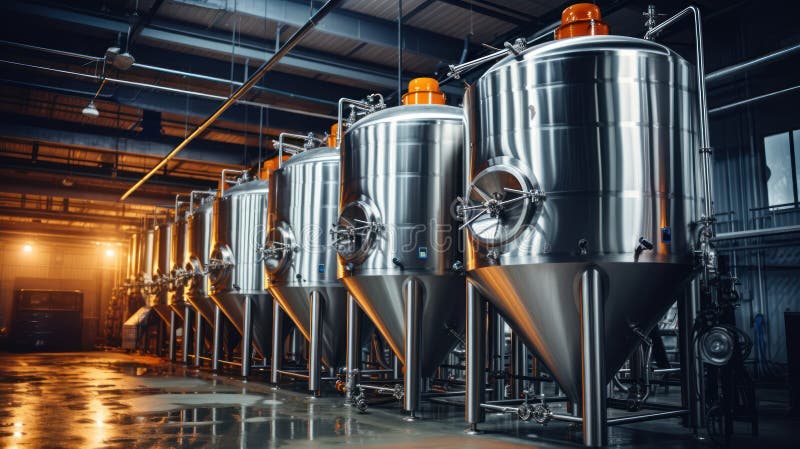 Fermentation Mash Vats or Boiler Tanks in a Brewery Factory Create the ...