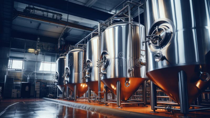 Fermentation Mash Vats or Boiler Tanks in a Brewery Factory Create the ...