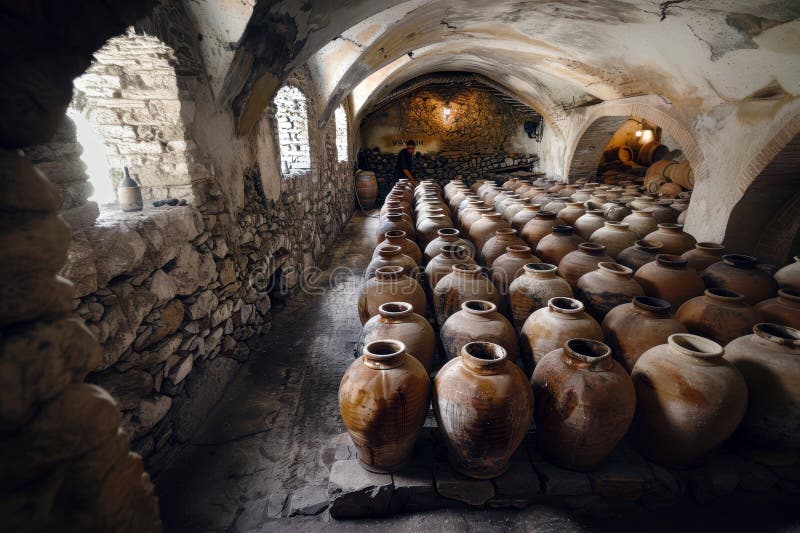 Fermentation of the Must in Earthenware Jars in a Stone Cellar. Stock ...