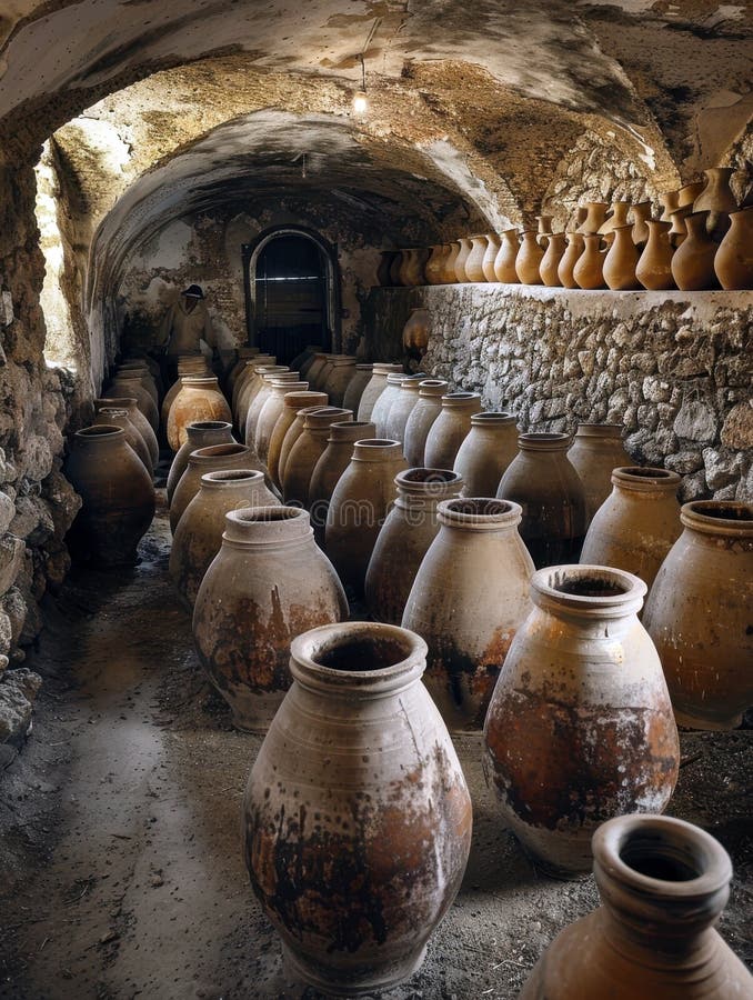 Fermentation of the Must in Earthenware Jars in a Stone Cellar. Stock ...