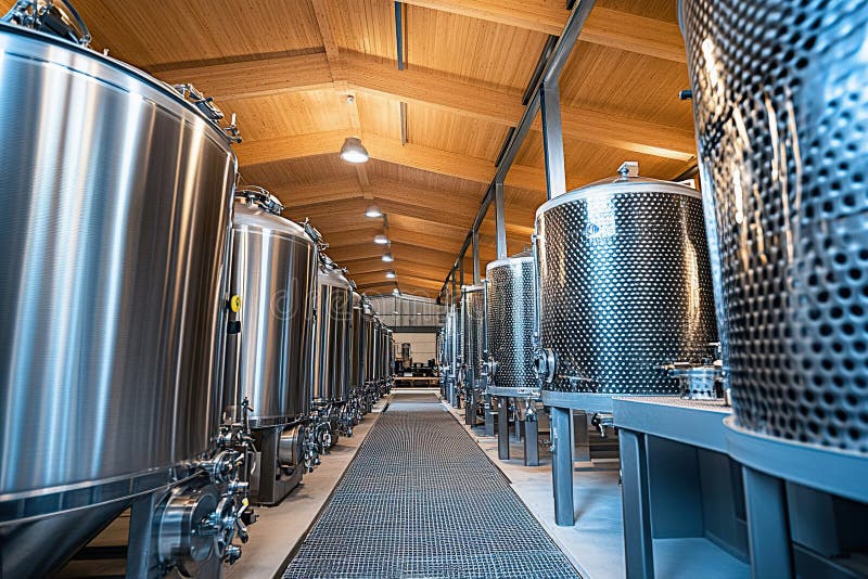 Fermentation Process in Modern Winery with Bubbling Vats and Stainless ...