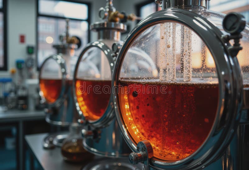 Fermentation Tanks with Bubbling Liquid in a Sterile Biolab Environment ...