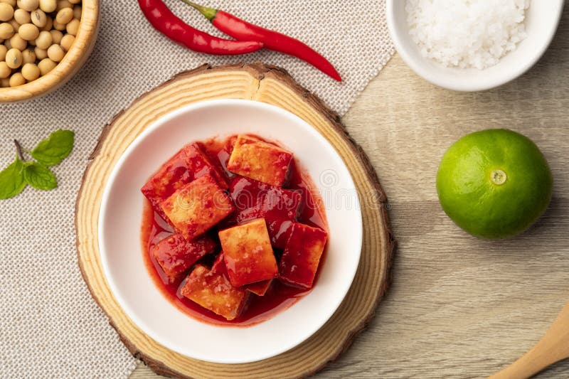 Fermented Bean Curd in White Plate(Red Sufu) ,Chinese Cheese. Stock ...