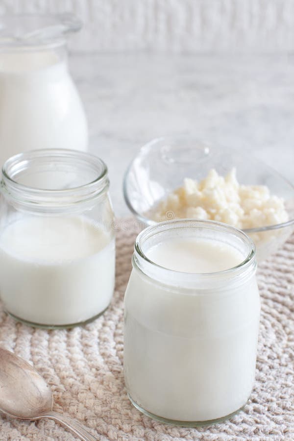 Fermented Drink Kefir in Small Bottles and Kefir Grains Stock Image ...