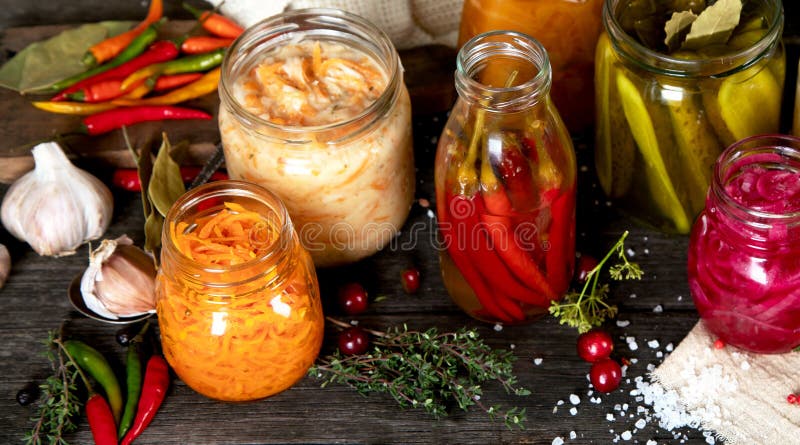 Fermented Food on Wooden Table. High Source of Probiotics. Front View ...