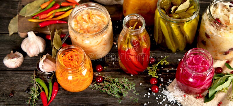 Fermented Food on Wooden Table. High Source of Probiotics. Front View ...