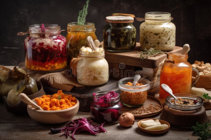 Fermented Foods Feast, with Assortment of Flavors and Textures Stock ...