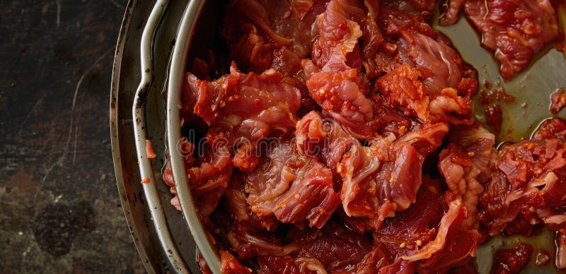 Fermented Meat Slices in a Metallic Bowl on a Dark Wooden Table. Stock ...