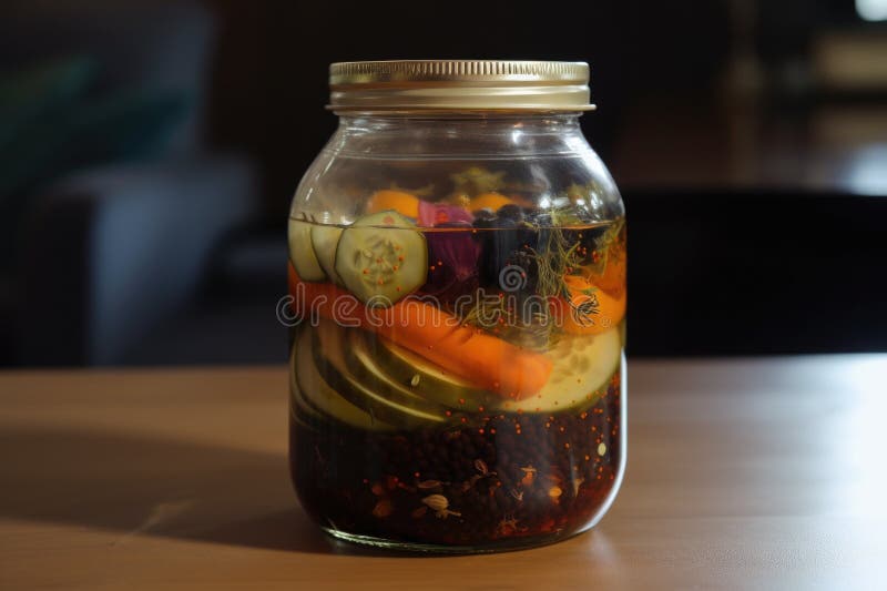 Fermented Pickle Jar, with Brine and Spices Visible Stock Illustration ...