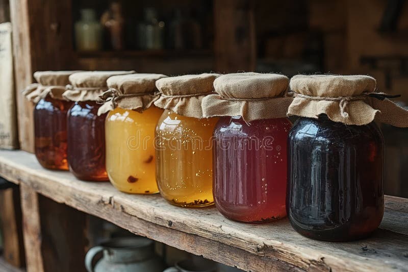 Fermenting Jars of Tea in Various Colors on Wooden Shelf Create Rustic ...