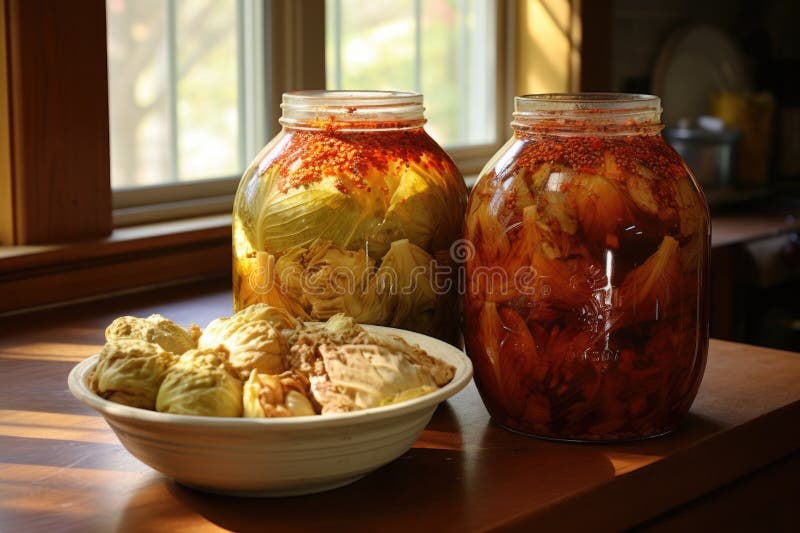 Fermenting Kimchi in Traditional Earthenware Jars Stock Illustration ...