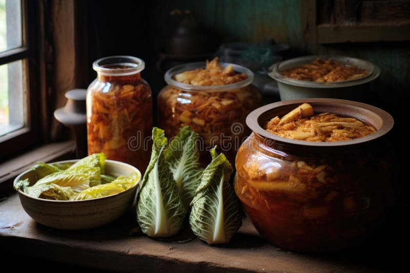 Fermenting Kimchi in Traditional Earthenware Pots Stock Illustration ...