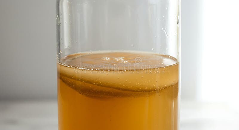 Fermenting Kombucha in Glass Jar with Scoby and Bubbles Closeup Stock ...