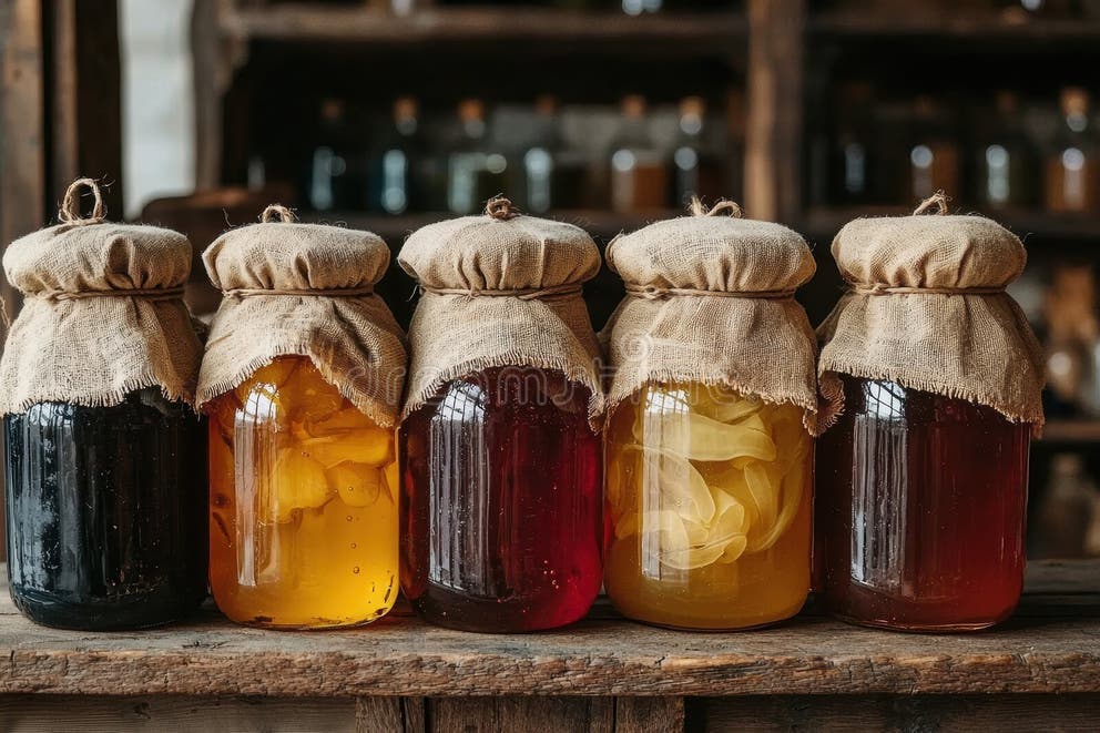 Fermenting Tea Jars with Natural Ingredients in Rustic Setting Stock ...