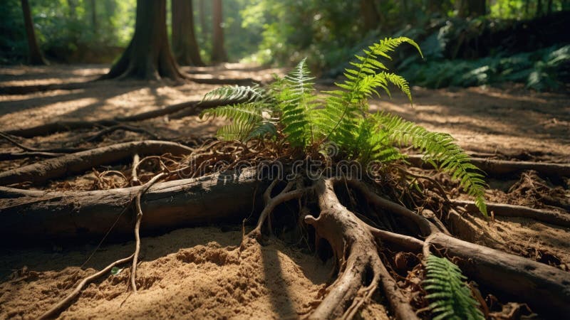 Sunlight Illuminates Fern Growing among Exposed Tree Roots in Forest ...