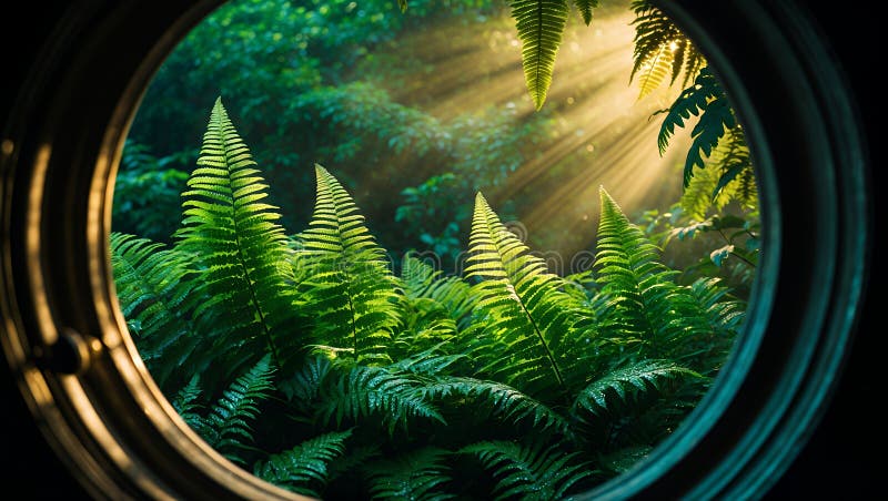 Lush Green Ferns Bathed in Sunlight through a Circular Frame Stock Illustration - Illustration ...