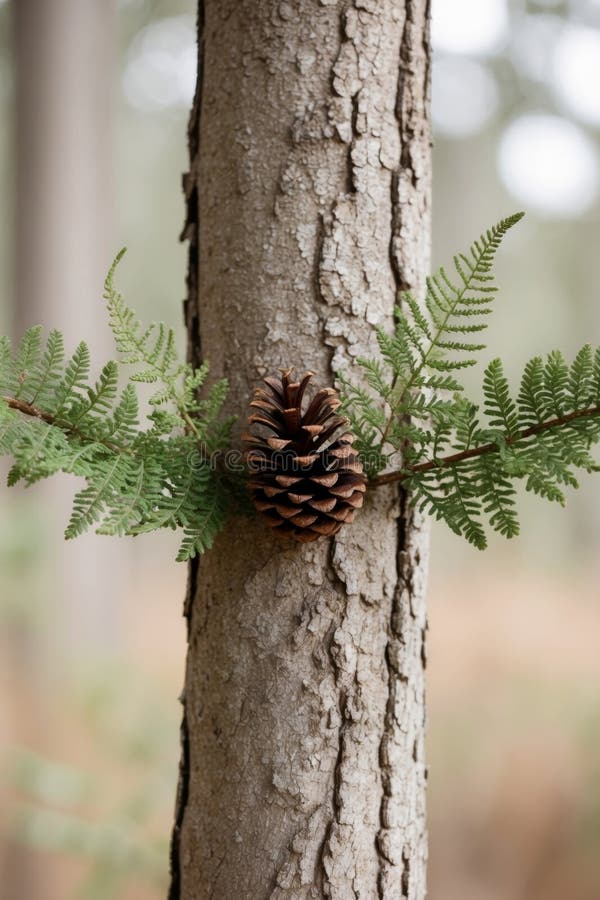 Fern and Pine Cone Border Surrounding Tree Bark. Stock Image - Image of ...