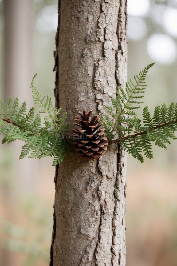 Fern and Pine Cone Border Surrounding Tree Bark. Stock Image - Image of ...