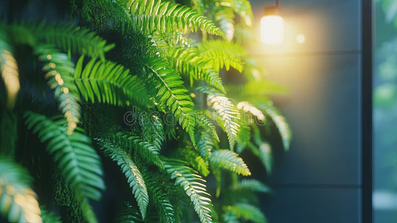 Ferns Cascading Down a Modern Wall with Soft Lighting. Stock Illustration - Illustration of ...