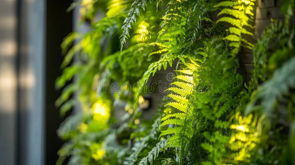 Ferns Cascading Down a Modern Wall with Soft Lighting. Stock ...