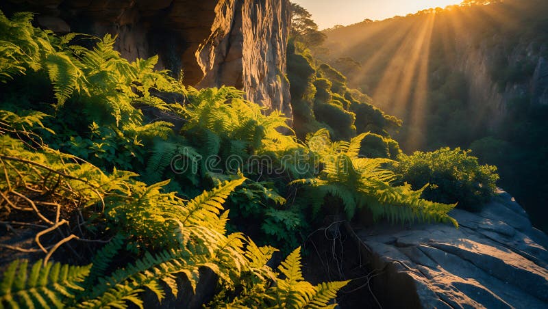 Golden Ferns on Cliff Edge at Sunrise Stock Illustration - Illustration ...