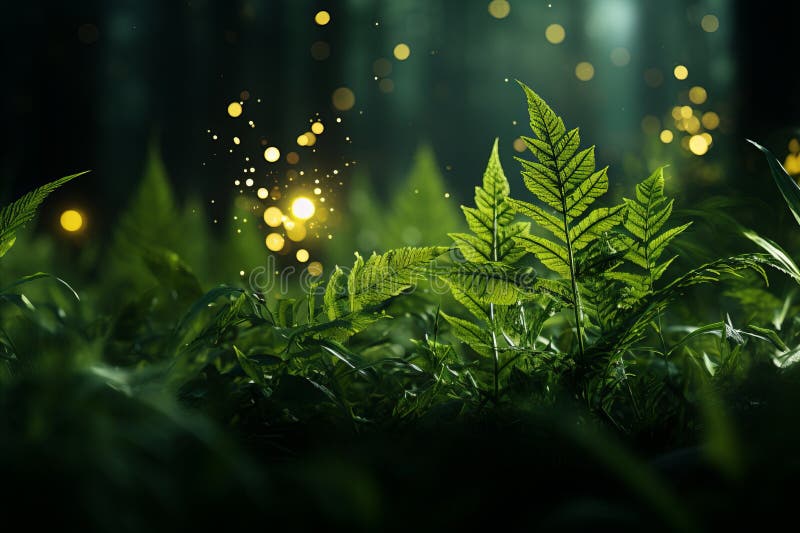 Ferns in the Forest at Night with Fireflies Stock Illustration ...