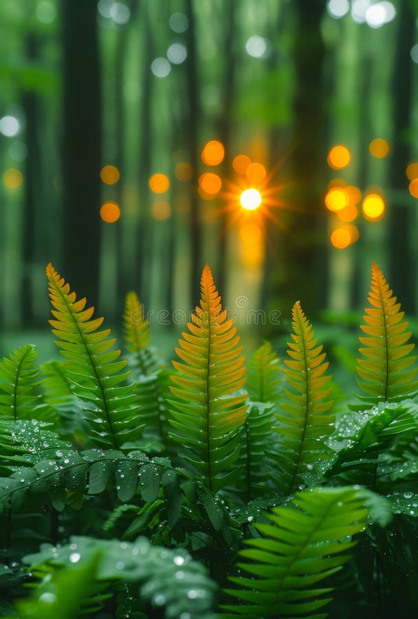 Ferns in the Forest with the Sun Shining through the Trees Stock Image ...