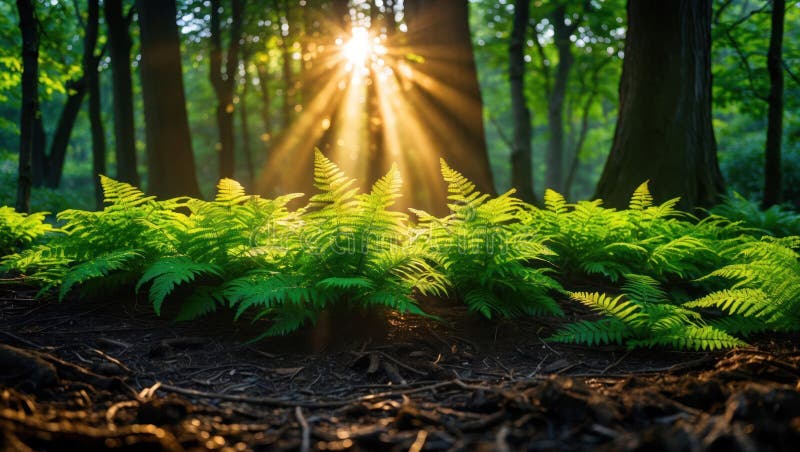 Golden Sunlight Illuminating Lush Ferns in a Mysterious Forest Stock ...
