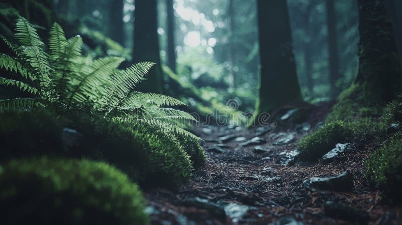Ferns and Moss Fill the Lush Forest Scene, Creating a Peaceful Setting ...