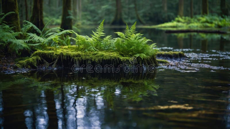 Serene Green Ferns Reflecting in a Forest Stream Stock Illustration ...