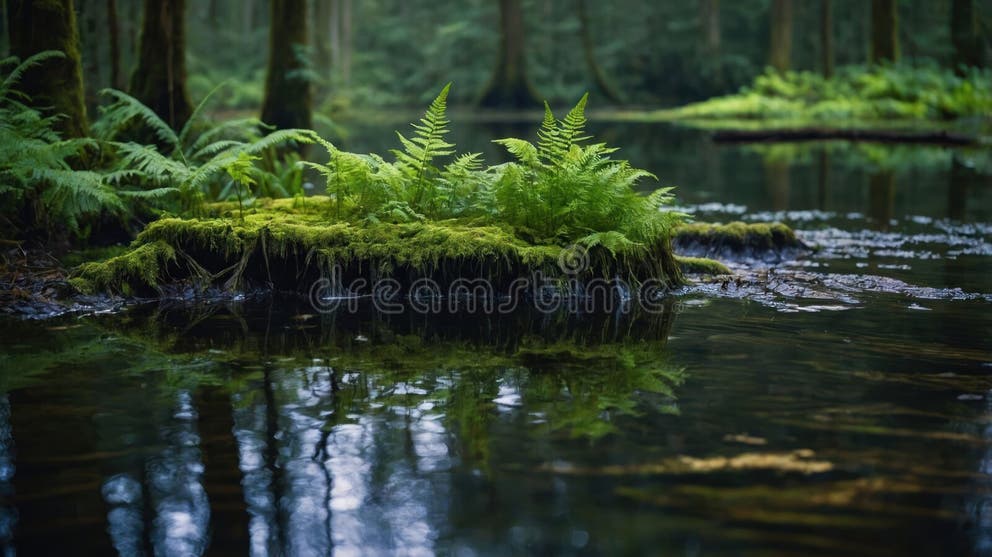 Serene Green Ferns Reflecting in a Forest Stream Stock Illustration ...