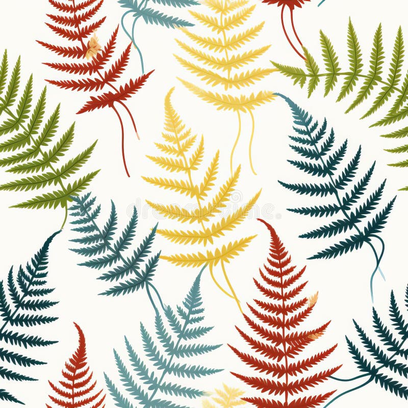 Retro Style Multiple Colorful Ferns on White Background Stock ...