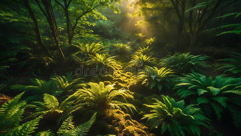 Luminous Sunbeams Illuminating a Lush Fern-Filled Forest Path Stock ...